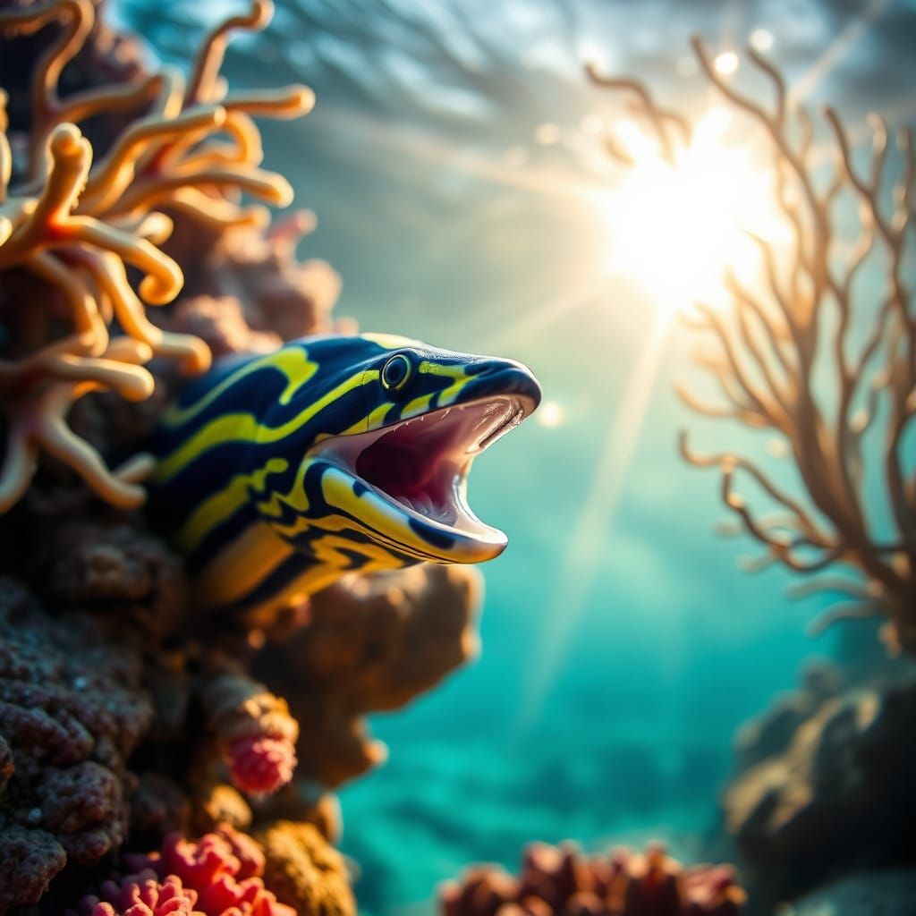 Moray Eel - Electric Blue and Yellow Striped Moray Eel Rises...