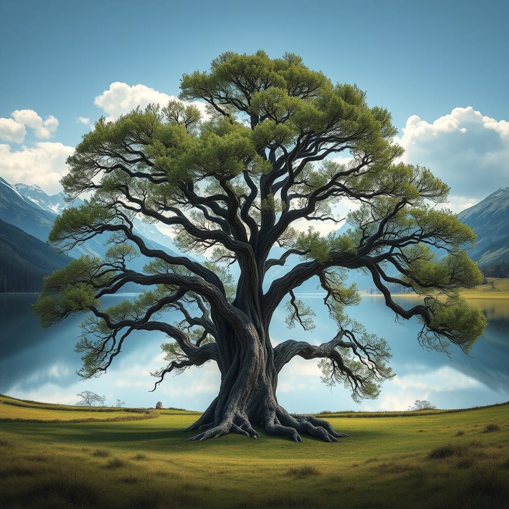 Ancient Sekoya Tree in Majestic Mountain Landscape - AI Art