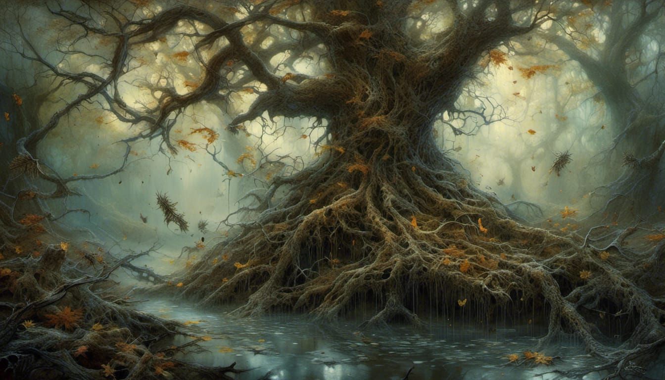 a single rotten tree in a deep dark swamp - AI Generated Artwork ...