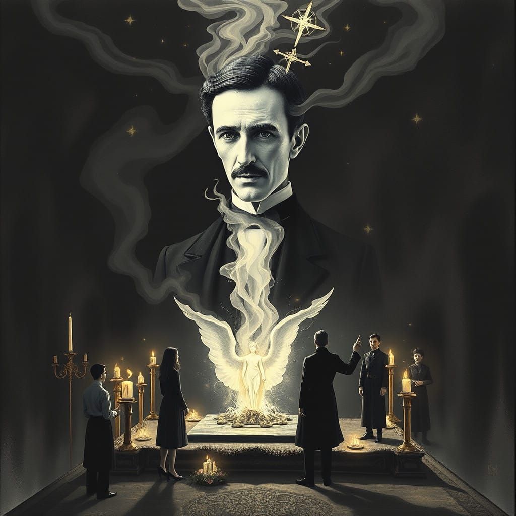 Tesla's Mysterious Funeral in Vibrant Colors - AI Art