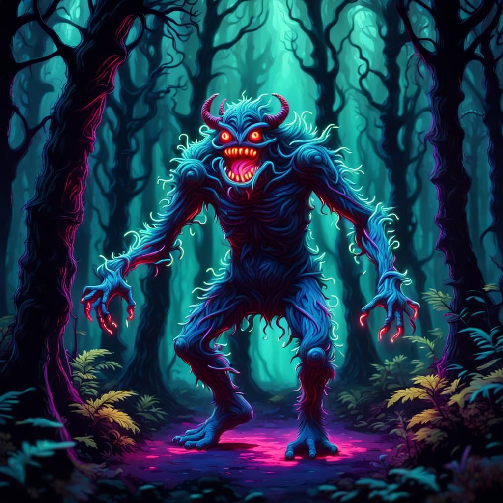 Glowing Neon Horror monster dancing in enchanted forest deep color - AI ...