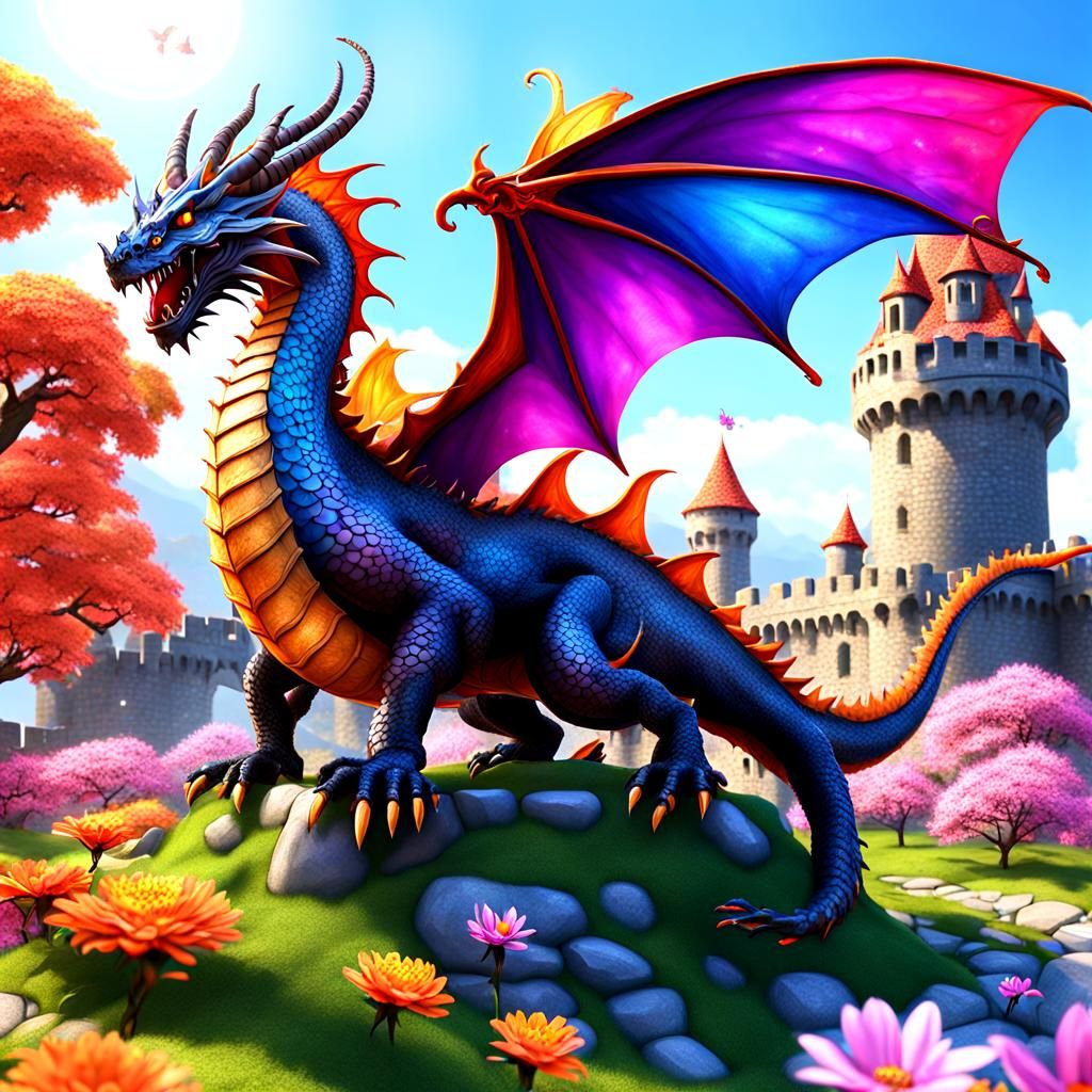 RPG 3D game v2 a beautiful dragon is flying around a castle with ...