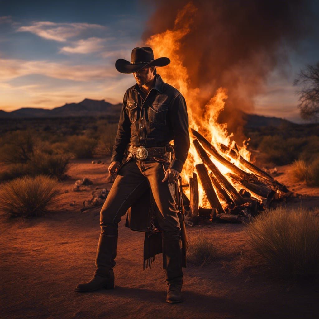 a cowboy lit by a bonfire on the arizona desert. detailed photograph ...