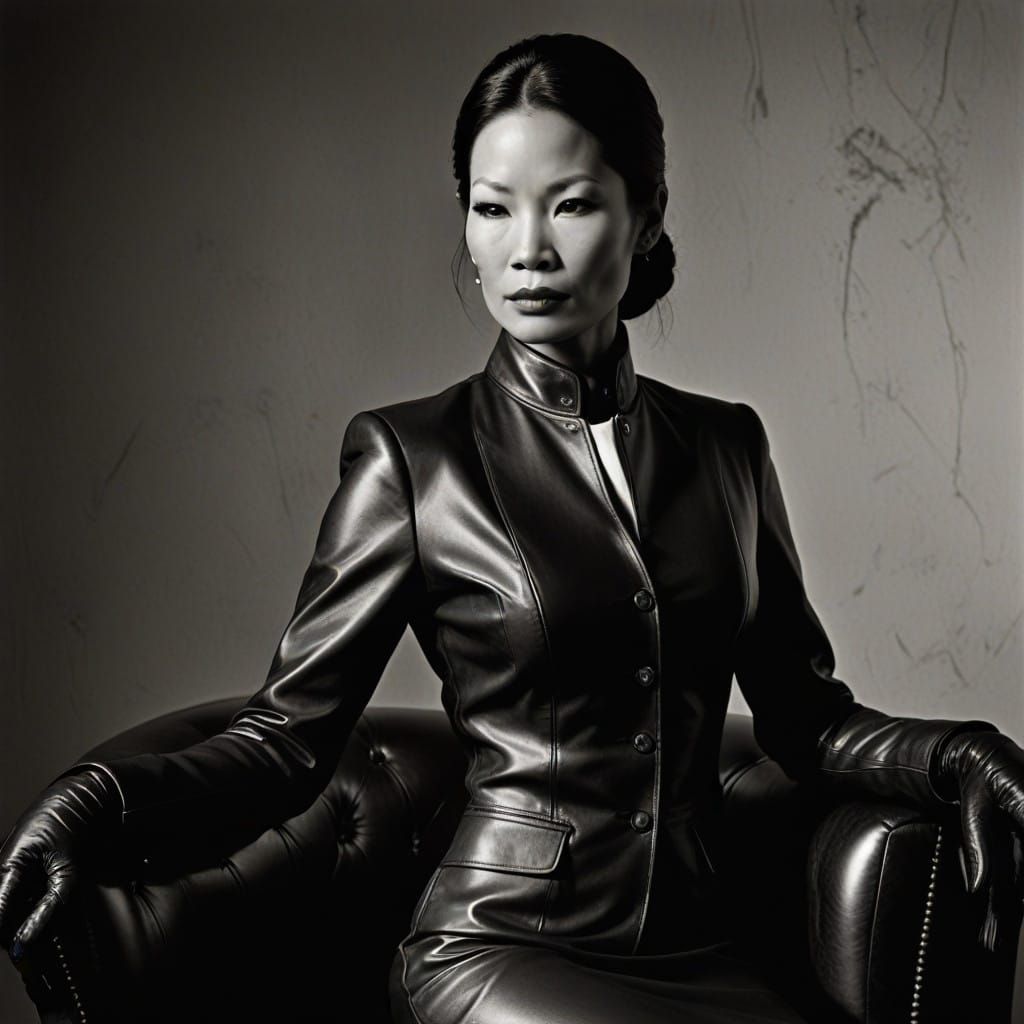 A full-body image of Lucy Liu, angry face, dressed in a strict black ...