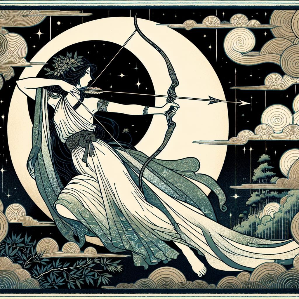 Art by Katsushika Hokusai, Alphonse Mucha, illustration of Artemis goddess of the hunt poised ...