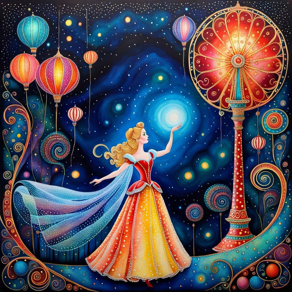 Cinderella, circus, whimsical, glowing lines, pointillism, alcohol ink ...