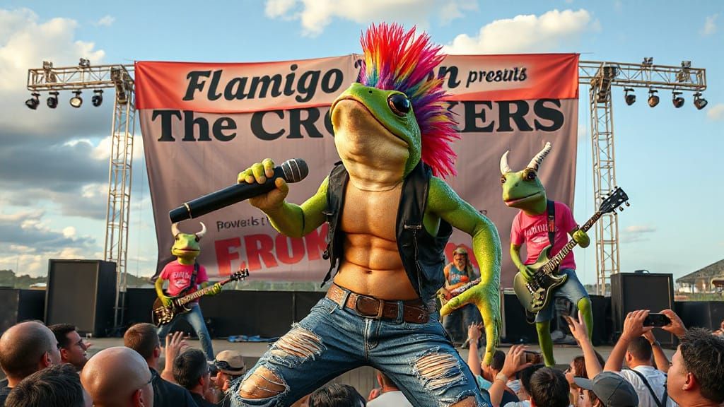 Punk frogs in outdoor concert venue.