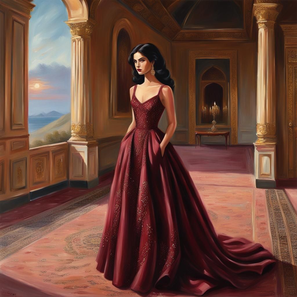 Deep Red Wide Evening Gown Cartoon. Redone. - AI Generated Artwork - NightCafe Creator