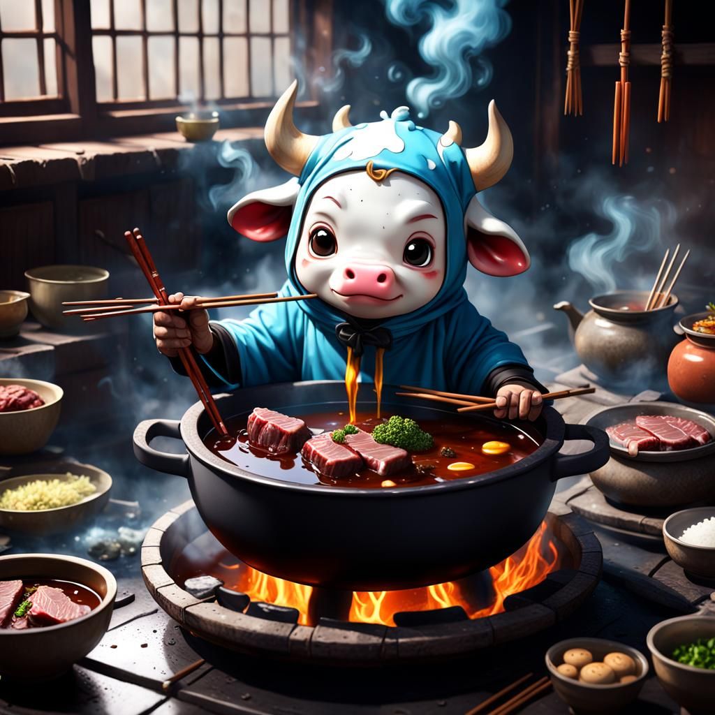 A chibi little kid have bath in a hot pot he use chopstick to pick up ...