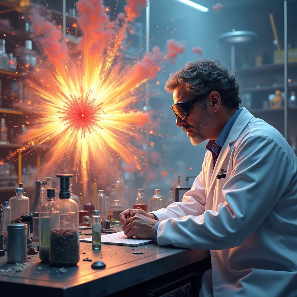 Scientist Amidst Cosmic Lab Explosion in Vibrant, ... - AI Art