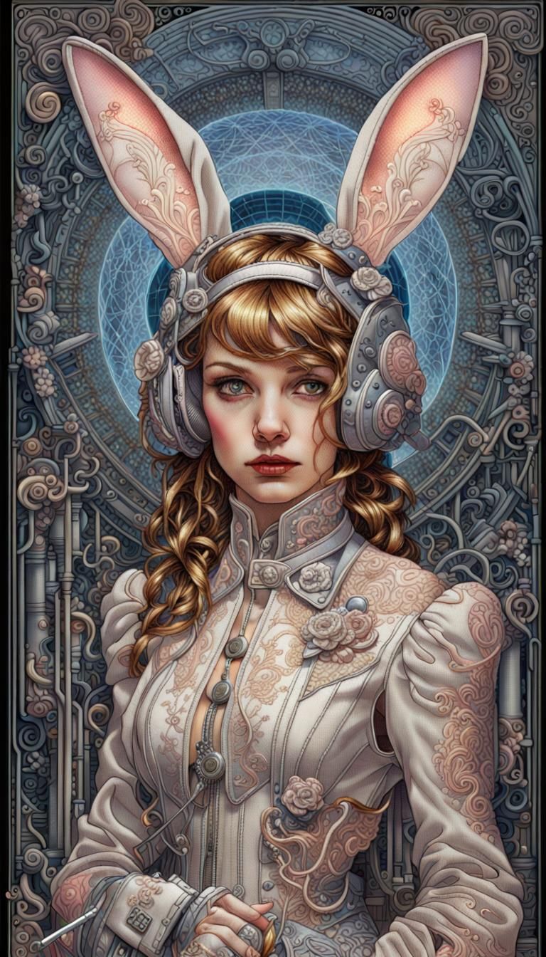 Cyber_rabbit_girl, Embroidery, handstitched, thread count, detailed ...