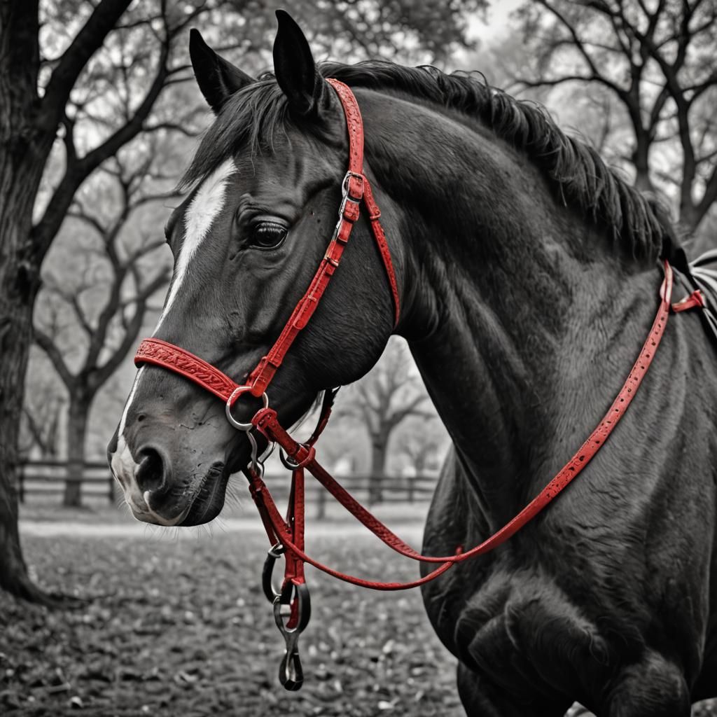 Black and white photo of a horse. red bridle - AI Generated Artwork ...