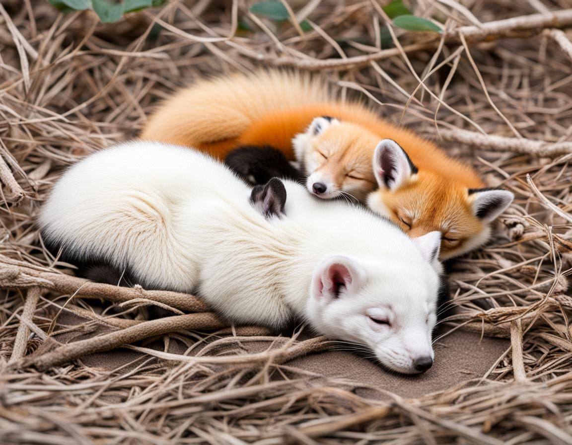 A small, pure white ferret sleeping with a red fox - AI Generated ...