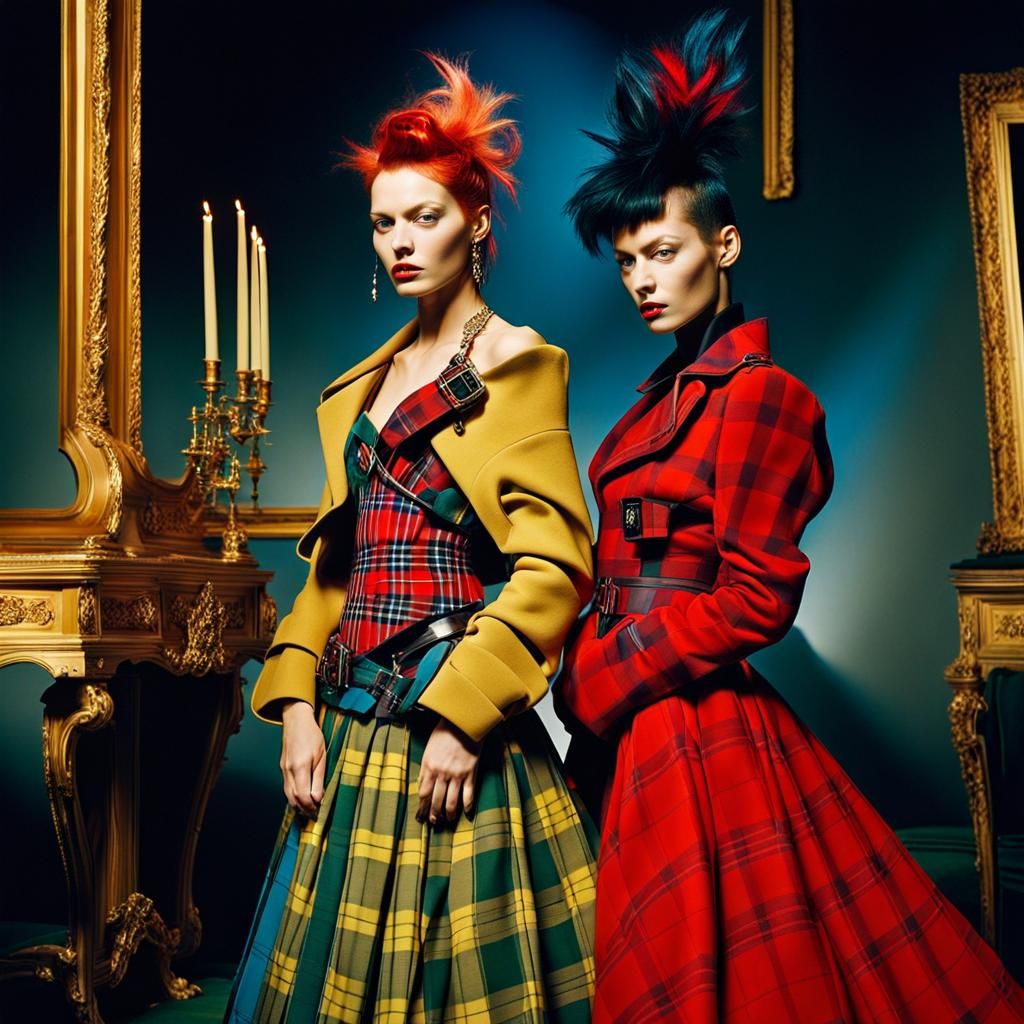 Art by Vivienne Westwood, punk-inspired fashion scene, characters clad ...