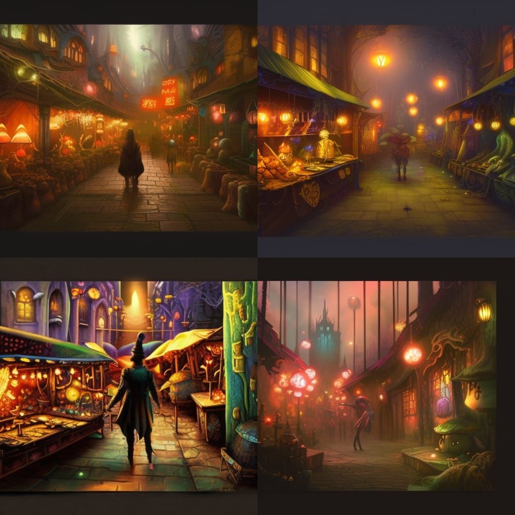 magical and fantastical fantasy night market with mushrooms in alleyway ...