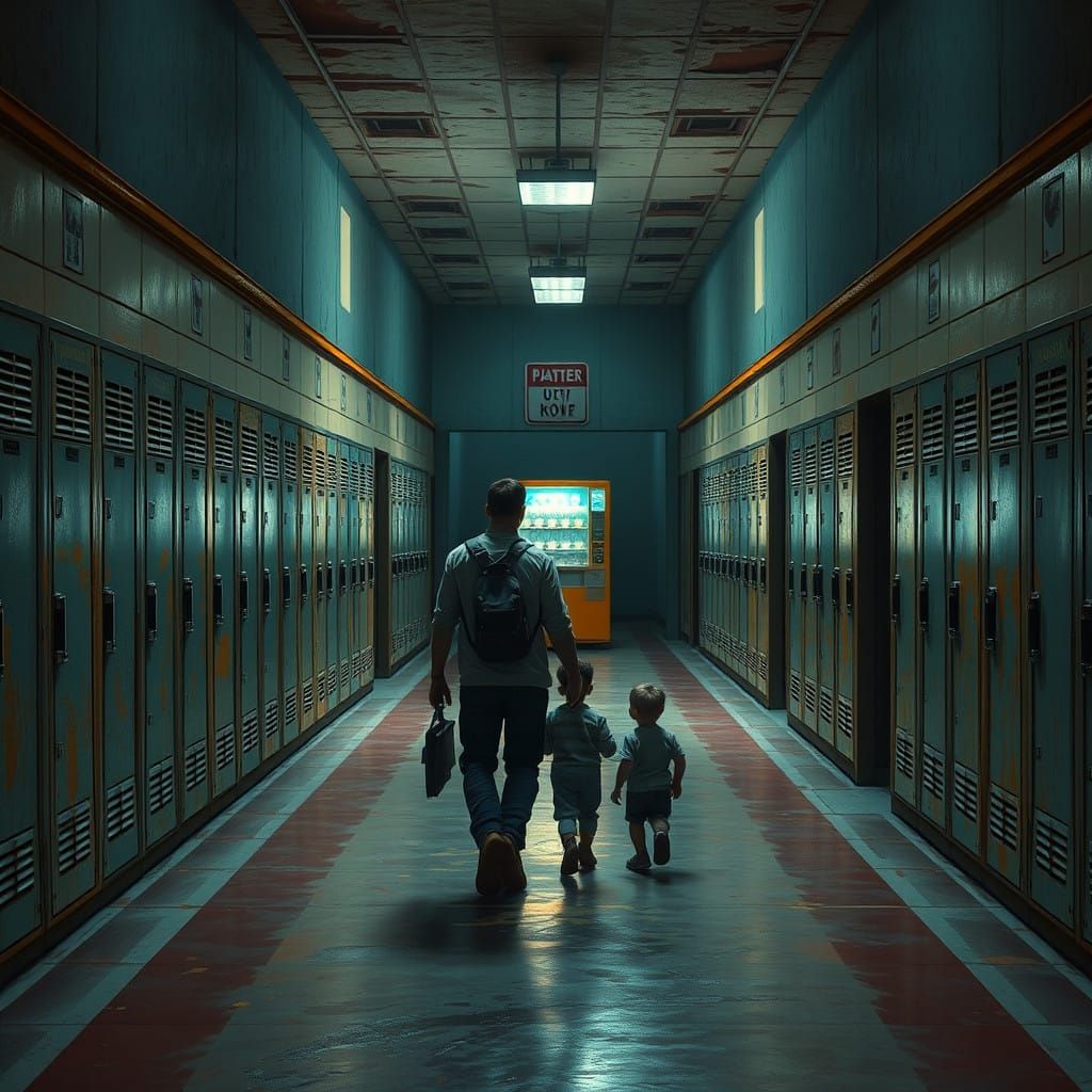 Father and Child Walk in Abandoned School Hallway ... - AI Art