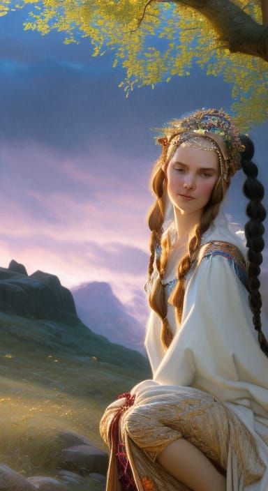 norwegian elf princess with braided hair, jewels in hair, dainty ...