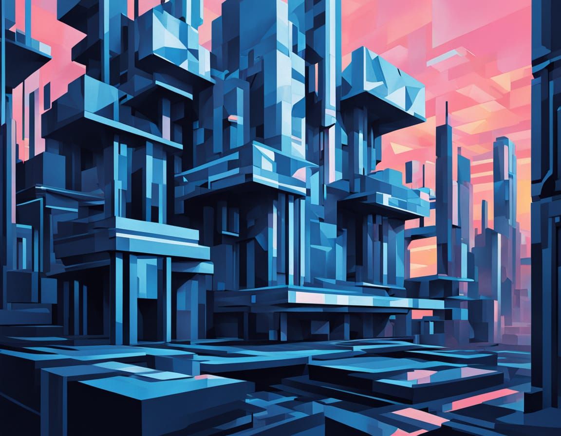 Neo-Cubism painting - Angular Neo-Cubist Oil Painting with W...