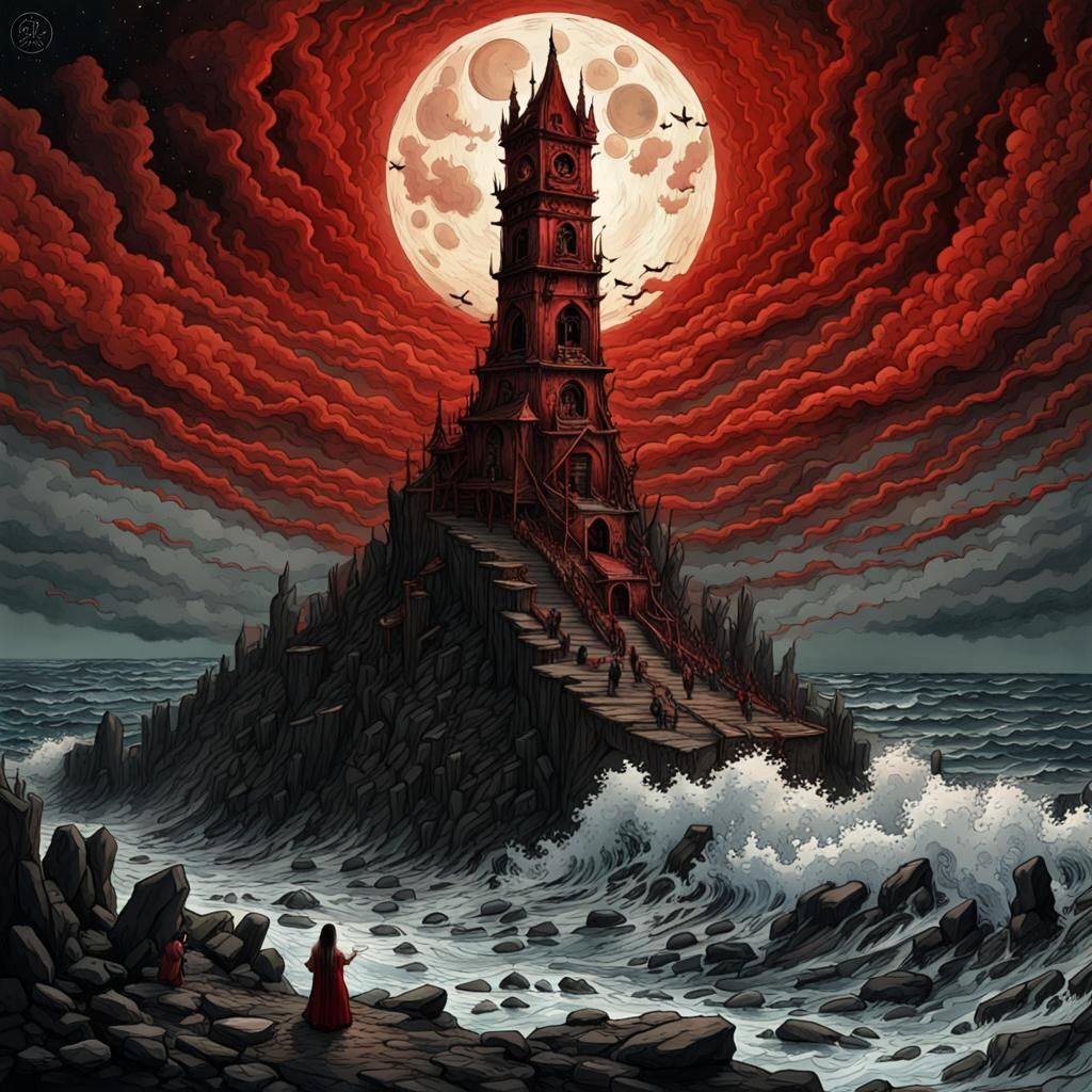 Seaside Tower with Red Occult Clouds - AI Generated Artwork - NightCafe ...