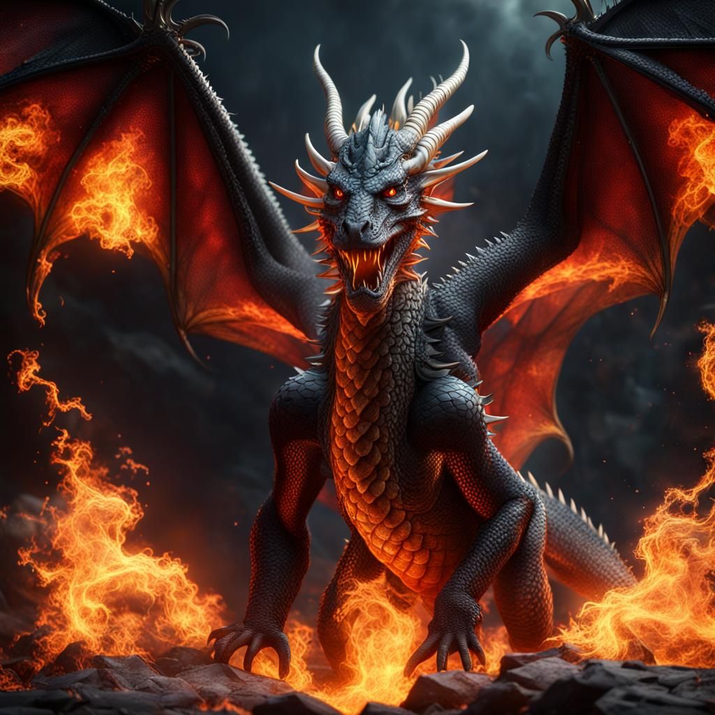 a fire breathing dragon, black scales, horns - AI Generated Artwork ...
