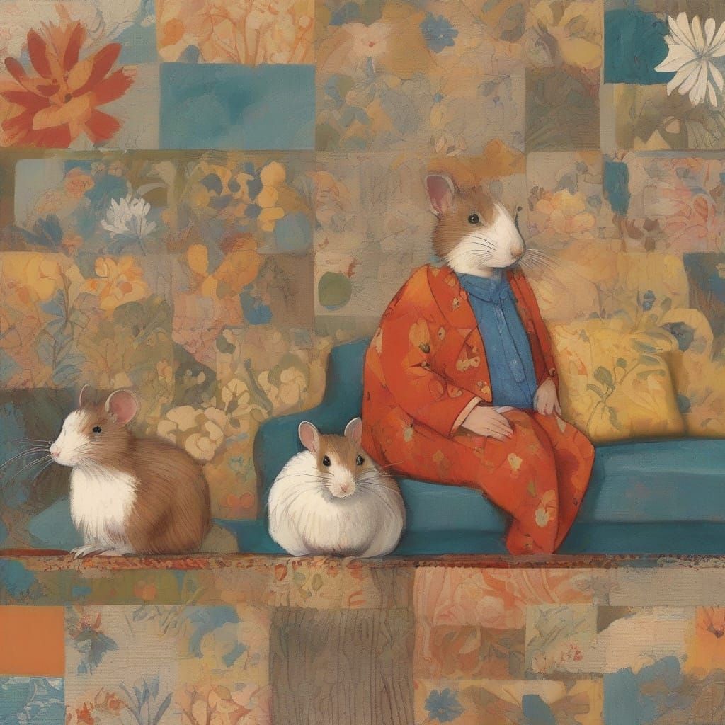 Whimsical Folk Art Scene with Mice and Rabbit - AI Art