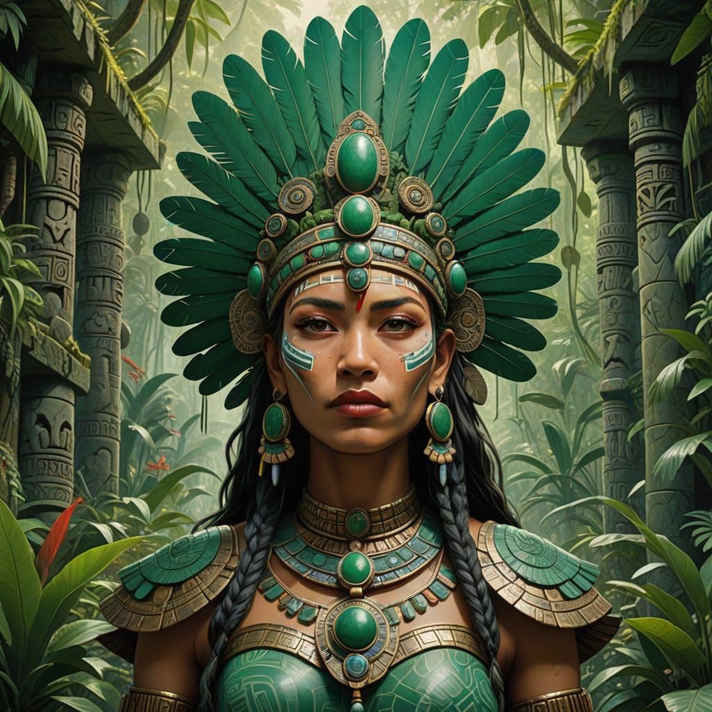 Mayans Obey Queen - Mayan Queen in Jade Headdress