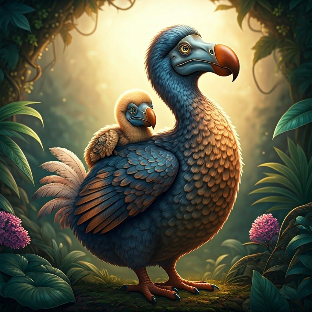 kawaii baby Dodo with an Adult Dodo