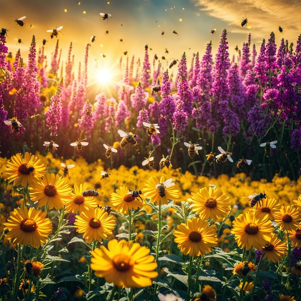 Epic flower field with sunlight and bees and pollen floating around the ...