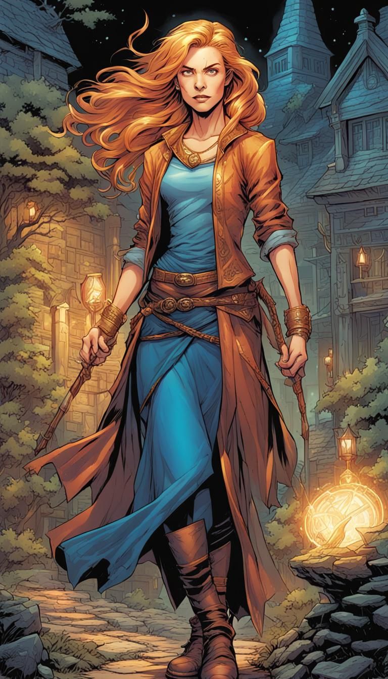 Beautiful female wizard. Reddish-blonde hair. Fantasy setting. Pencil ...
