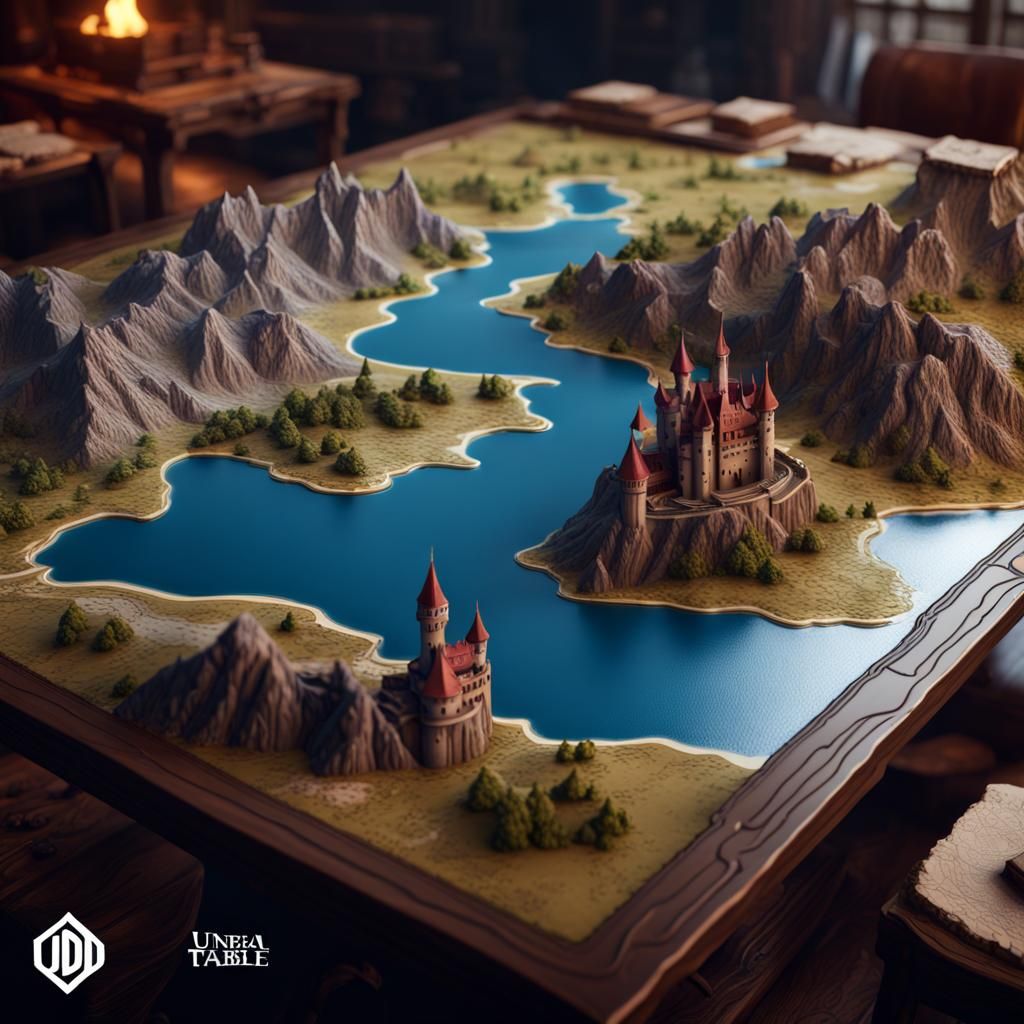 D&D table topographical 3D map with castle on the table coming out of ...