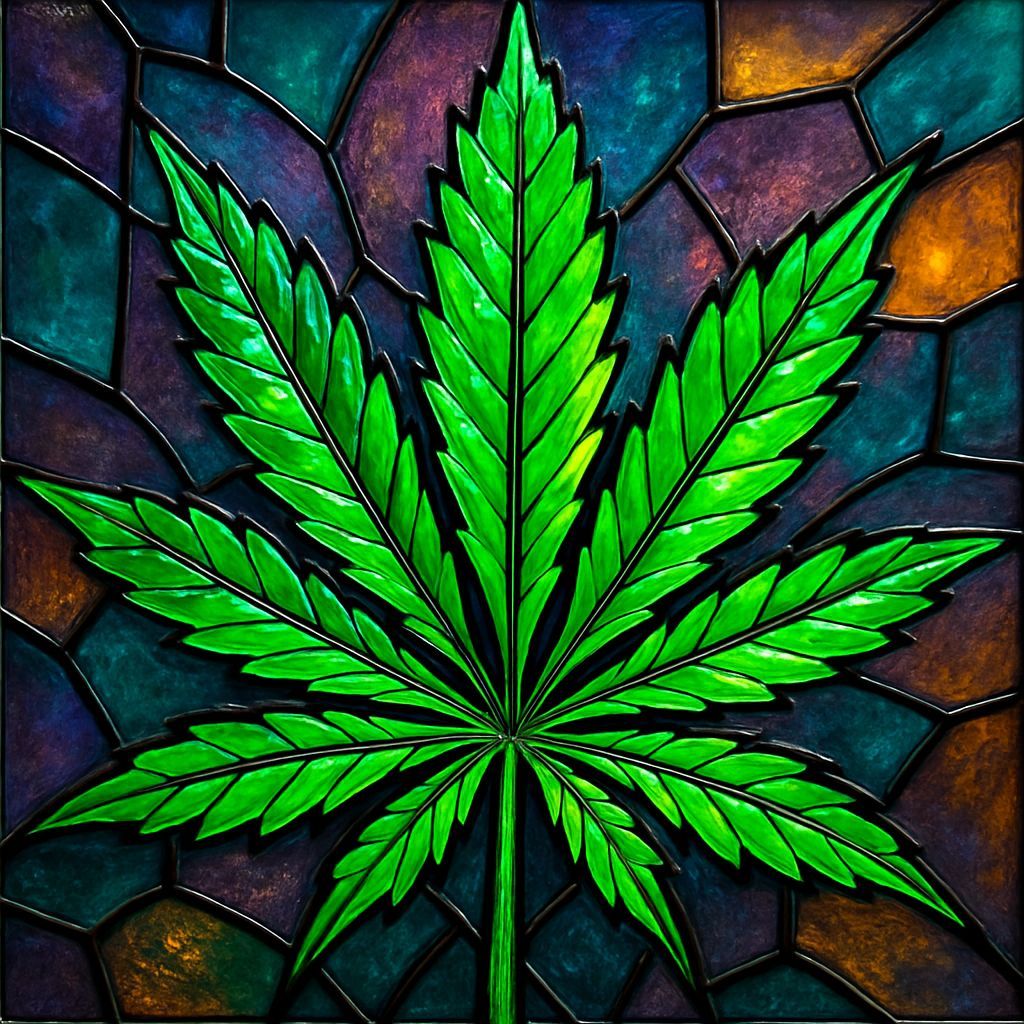 Enamel-Style Stained Glass Marijuana Plant Artwork - AI Art