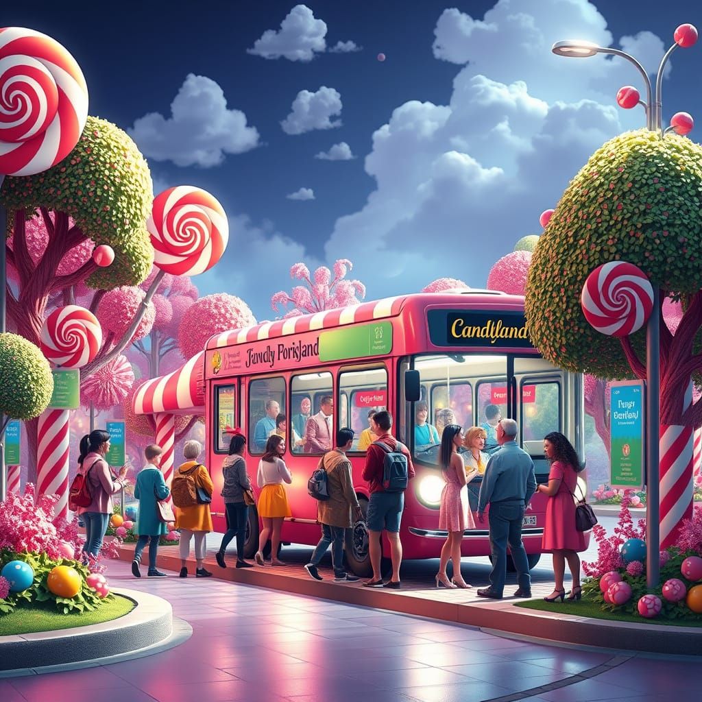 bus stop - Whimsical Candyland Bus Stop in Vibrant Digital ...