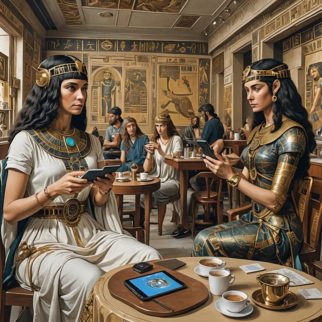 Cleopatra with modern technology in a cafe : r/nightcafe