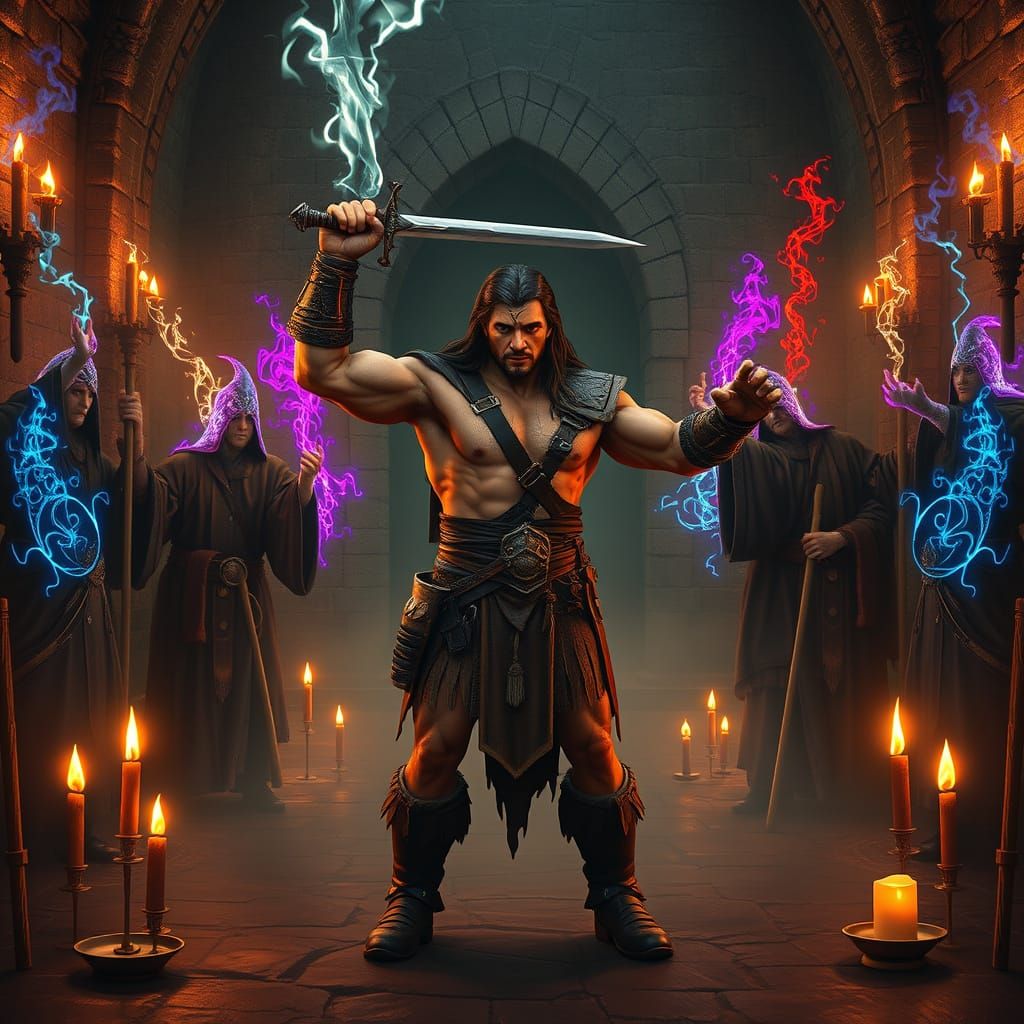 Conan Defies Wizards in Decrepit Castle - AI Art