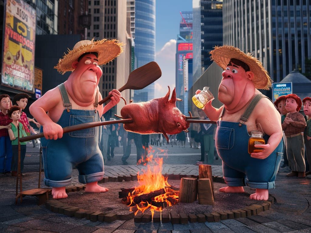 Two Slack-Jawed Yokels Roasting a Hog on a Spit, and Drinking Moonshine ...