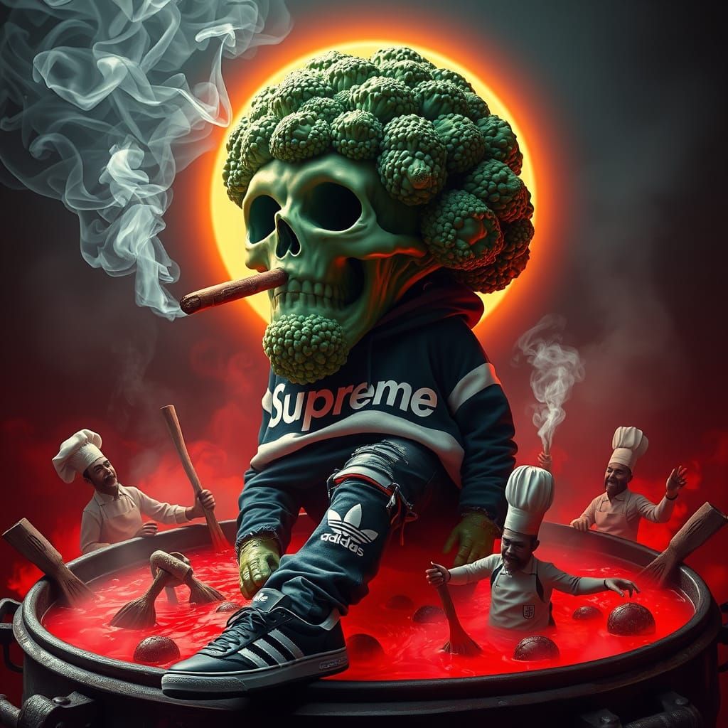 Hyper-Realistic Broccoli God in Dark Streetwear, E... - AI Art