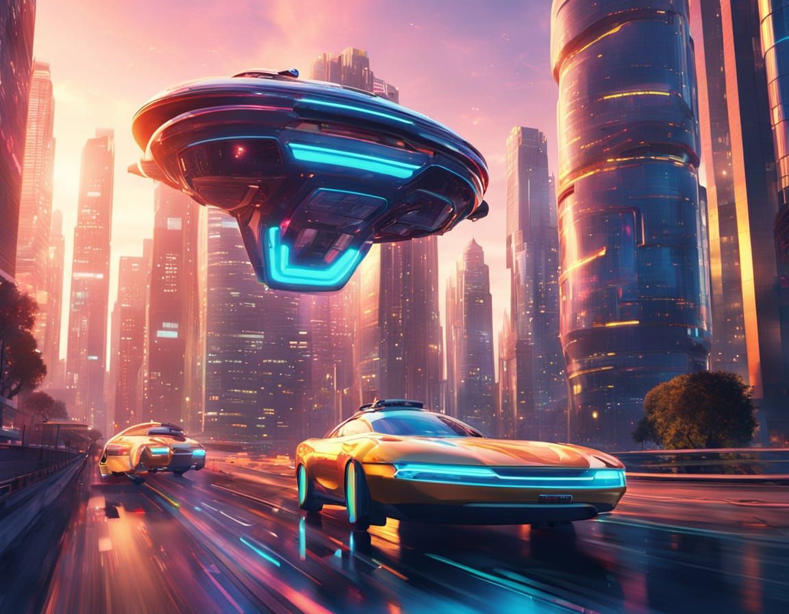 Utopian Flying Car Concept Art in Neon Colors - AI Art