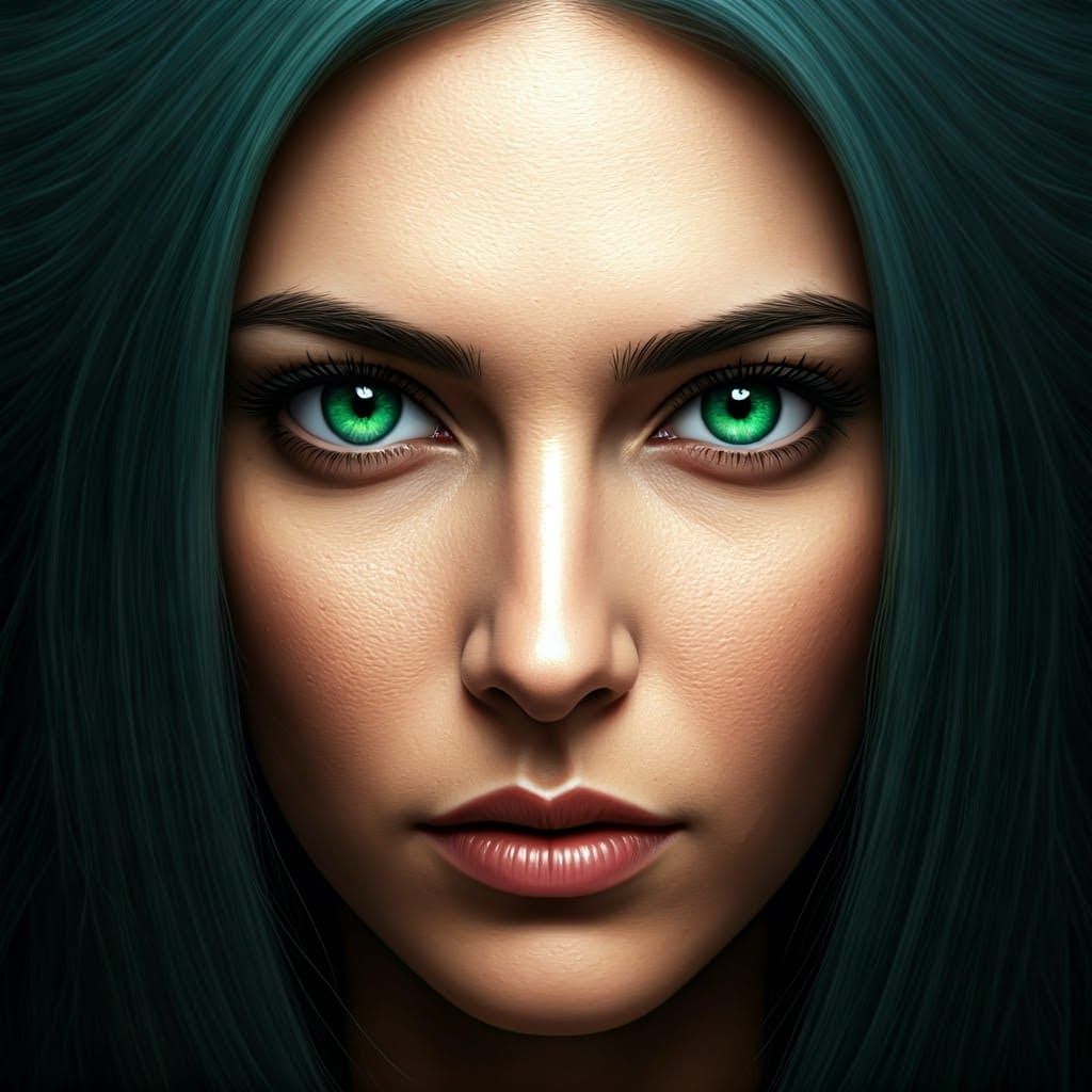 Ethereal Mystical Being with Radiant Emerald Eyes - AI Art