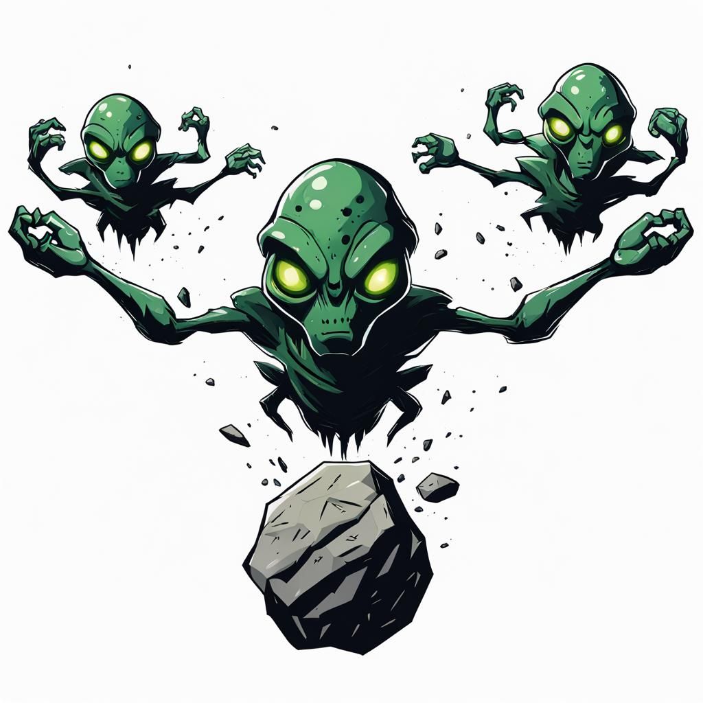 Alien with 3 heads floating on 3 arms that are joined by a floating ...