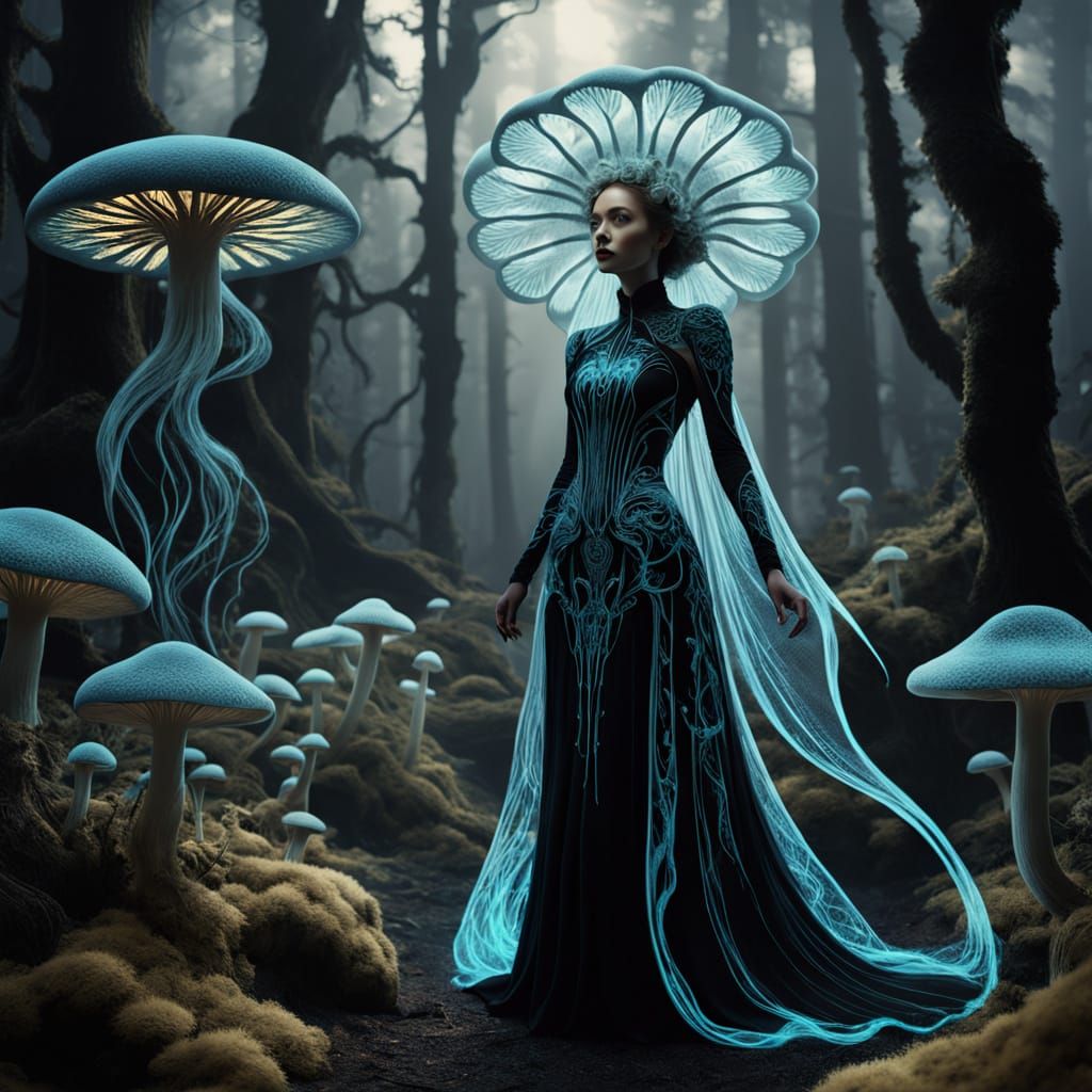 imagine a bioluminescent fungus queen gliding down a runway made of polished obsidian, her gown ...