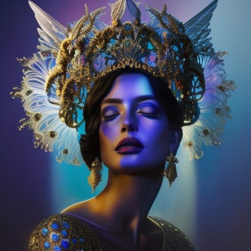 Ethereal Gown and crown, celestial headdress, alien markings ...