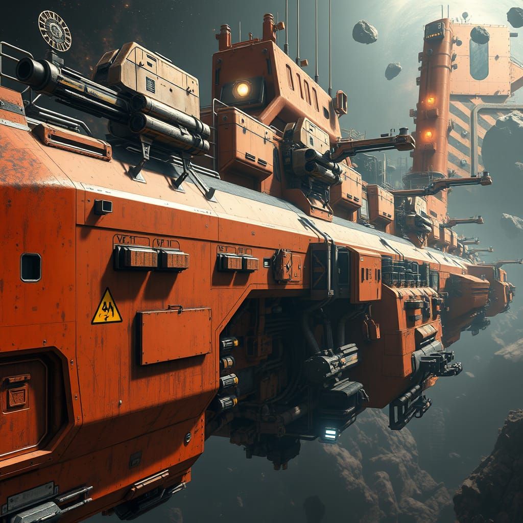 Gritty Space Freighter in Rust-Orange Hues, Battle... - AI Art