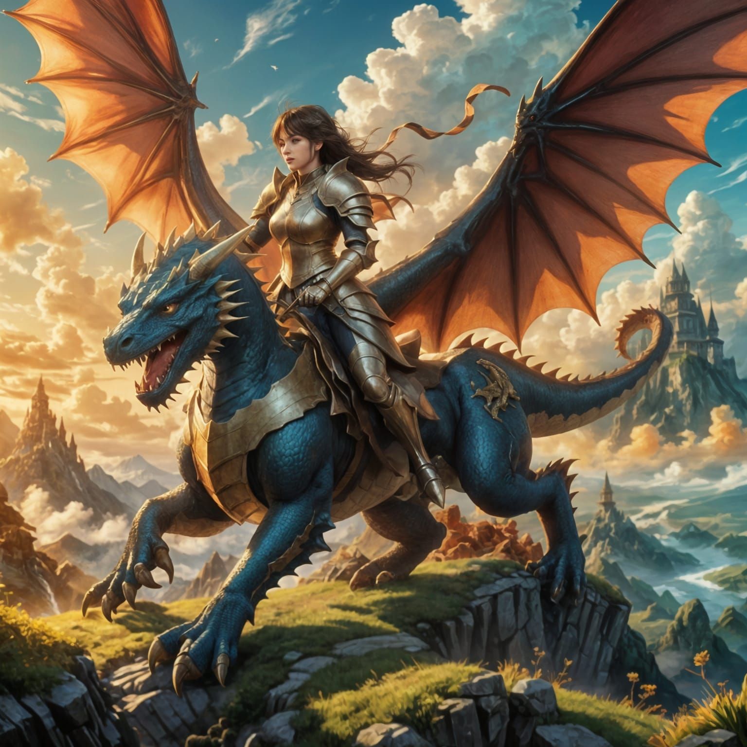 woman knight riding a dragon; anime clouds background
