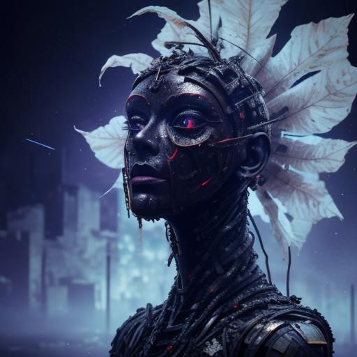 Close-up metallic mummy patched liquid and glitter sculpture with weird ...