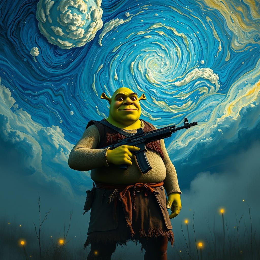 Shrek Guards the Swamp Under Starry Night Skies - AI Art