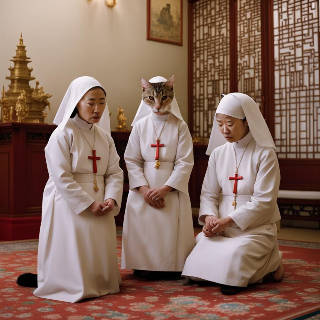 Chinese Nuns pray the rosary cats wander around determined serious ...