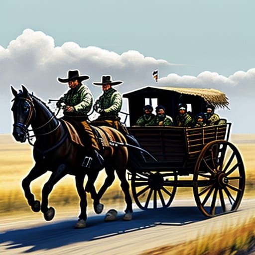 Posse chasing a wagon - Lawmen Pursue a Desert Wagon