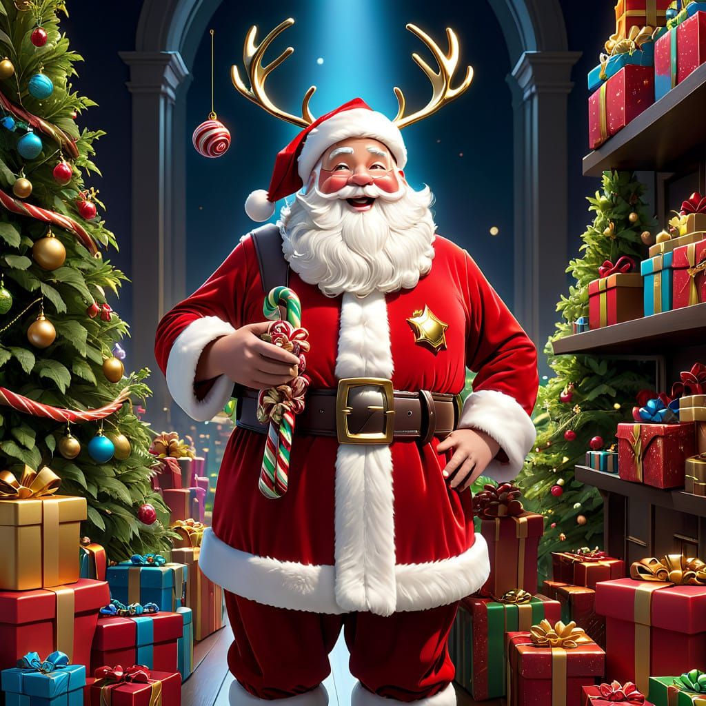 Funny and fat Santa Claus who toasts the holidays laughing with one of ...