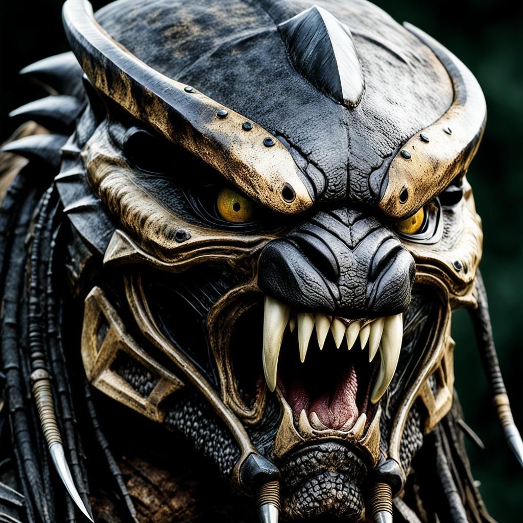 The image shows a detailed close-up of a Predator's head. The face ...