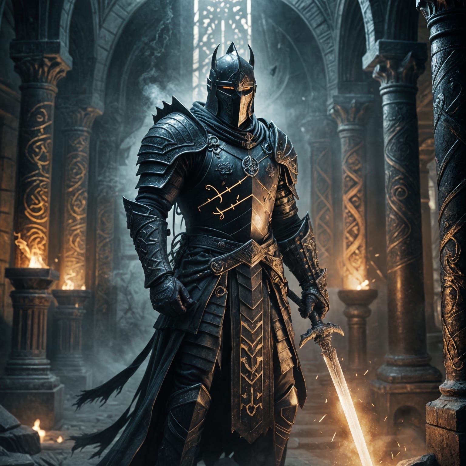 A formidable knight stands guard in a forgotten temple, clad in ...